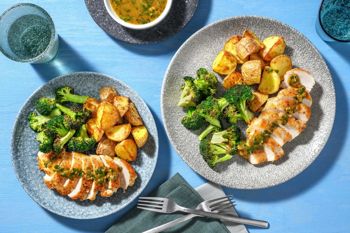 Chicken Piccata with Butterfly Garlic Sauce and Roasted Broccoli Recipe
