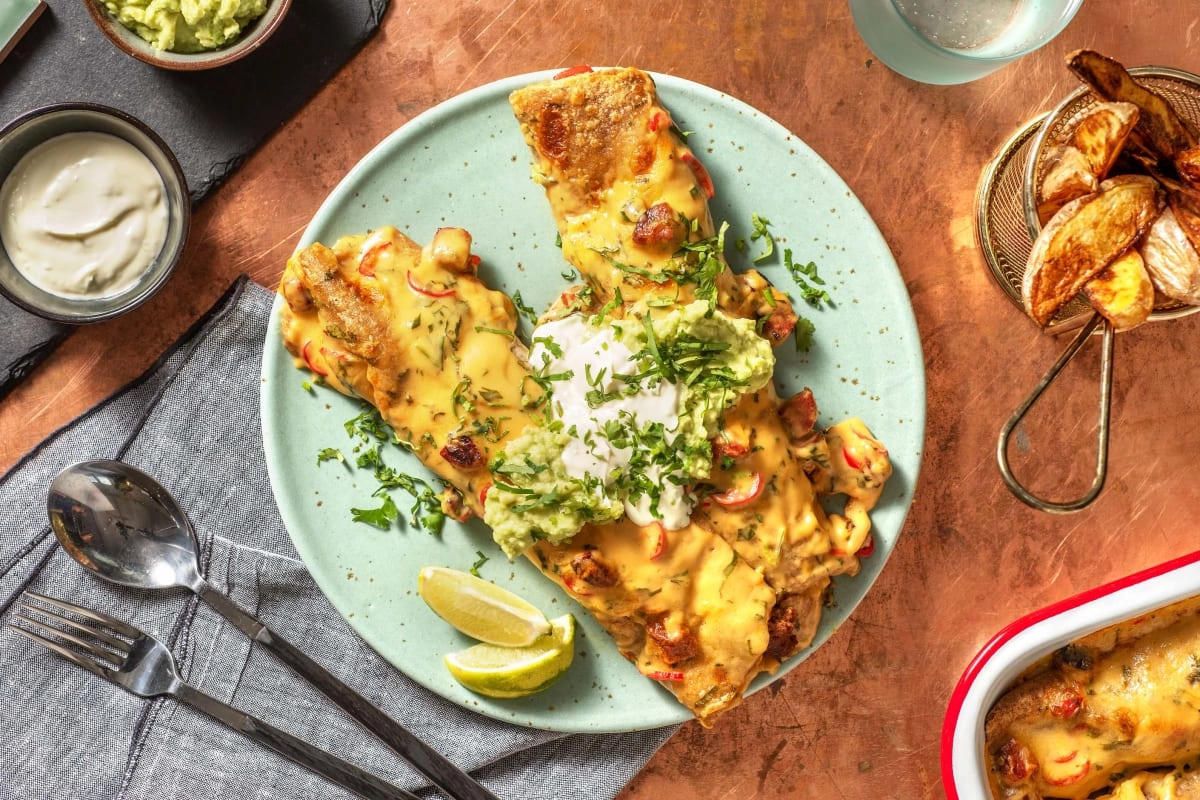 Chilli Cheese Beef Enchiladas with Cheese Chorizo and Wedges