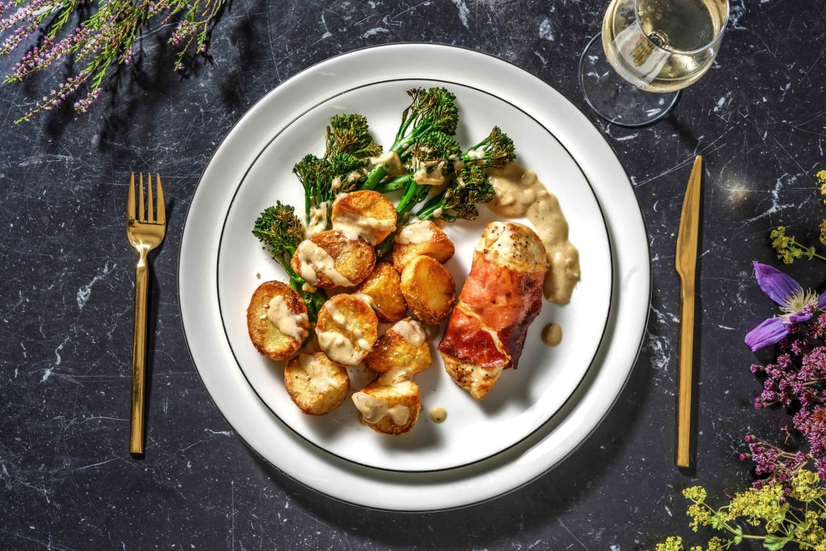 Serrano Ham Wrapped Chicken with Cheesy Truffle Roast Potatoes and ...