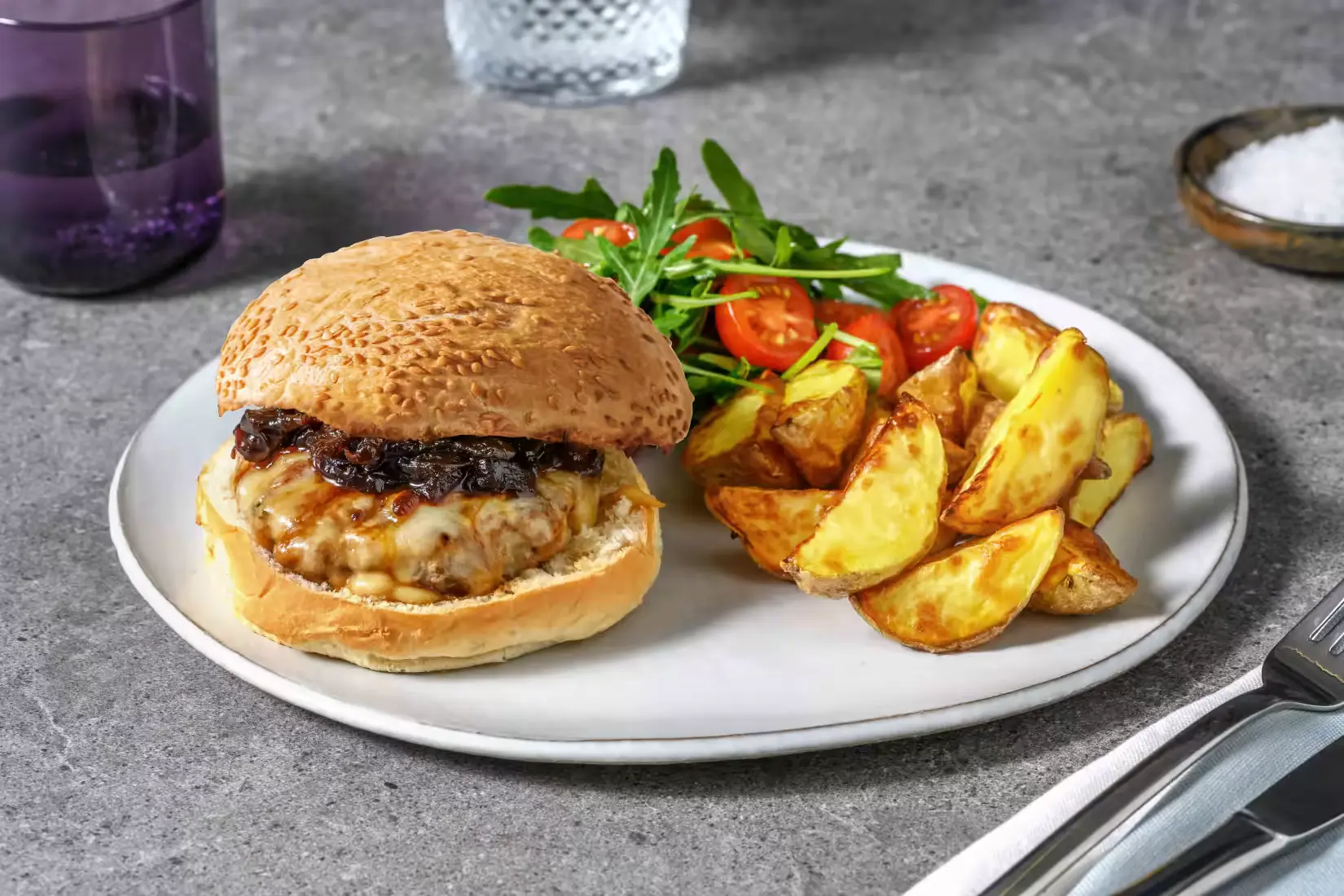 Classic Sausage Burger with Onion Marmalade, Wedges and Salad Recipe