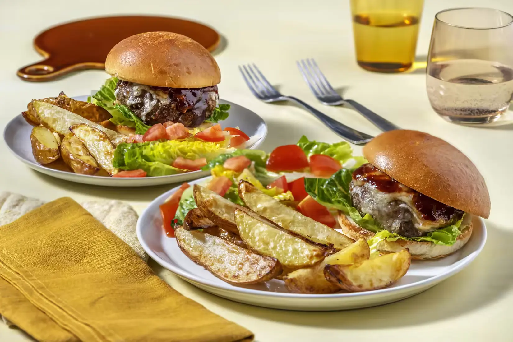 Double Cheese Baked BBQ Burgers with Wedges and Salad Recipe