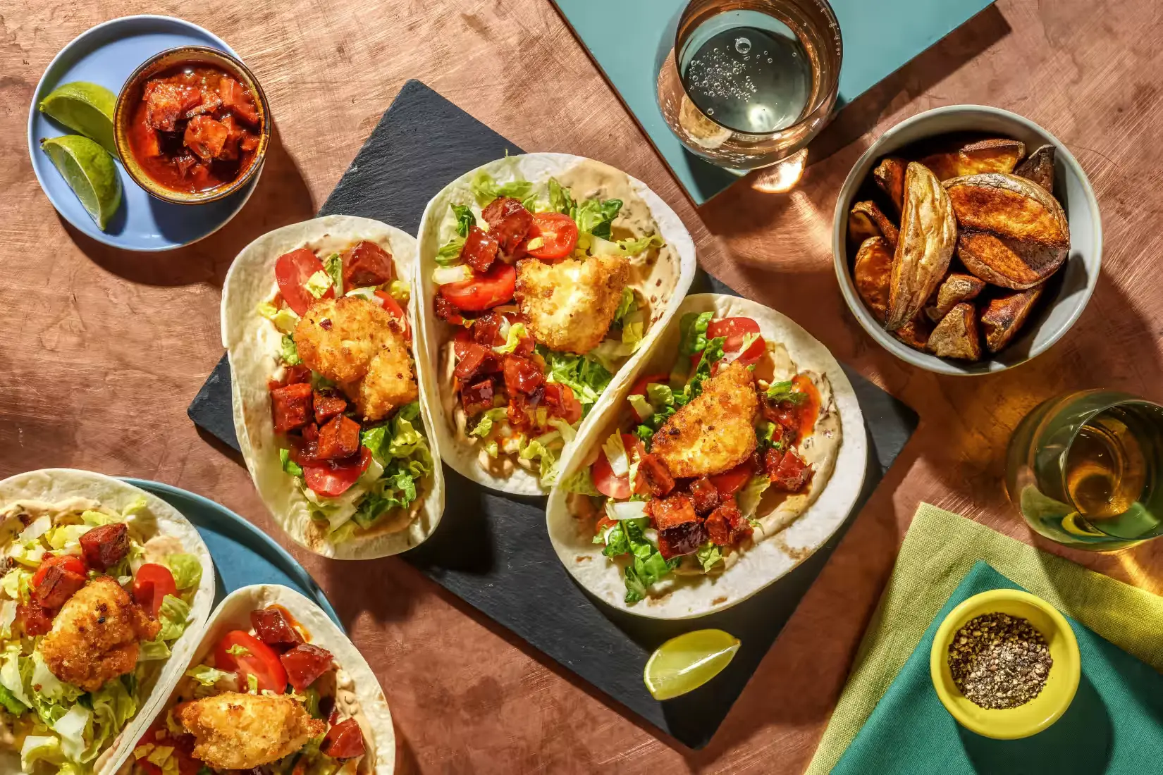 Popcorn Chicken Tacos with Chorizo Jam and Wedges Recipe